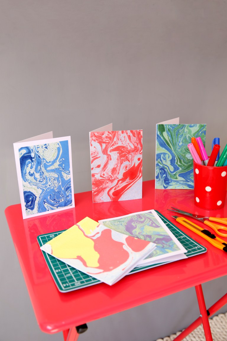 Marble your own colourful greetings cards